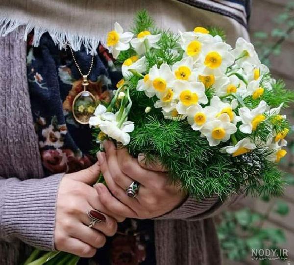 عکس گل نرگس در دست دختر چادری عکس نودی